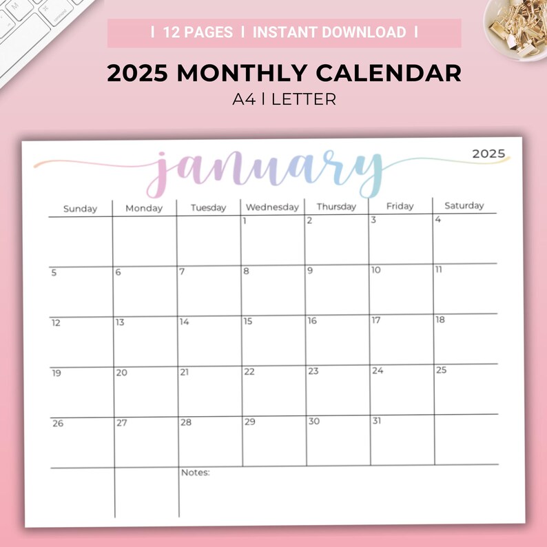 2025 Monthly Calendar Landscape, Start Sunday & Monday, Sizes A4 Letter ...