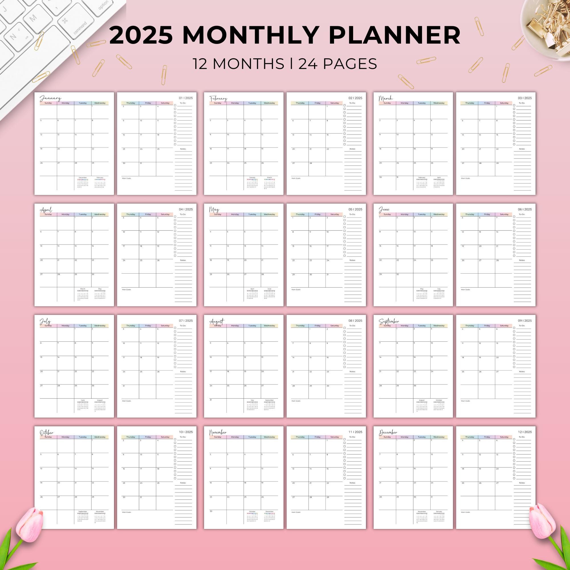 2025 Monthly Planner on 2 Pages, 2025 Monthly Calendar, Start of Week ...