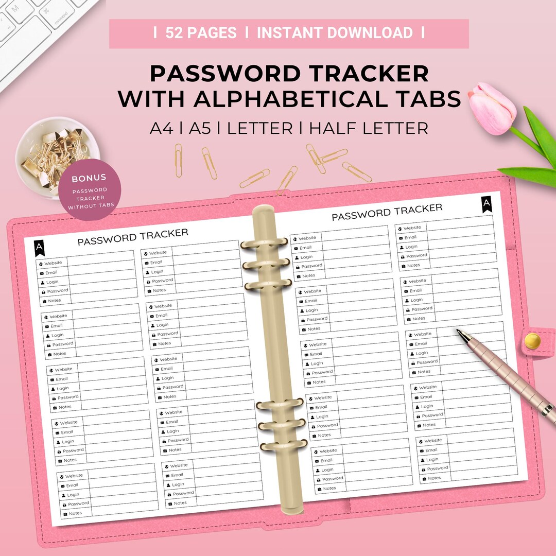 Printable Password Tracker With Alphabetical Directory, Password Keeper With Alphabetical Tab ...