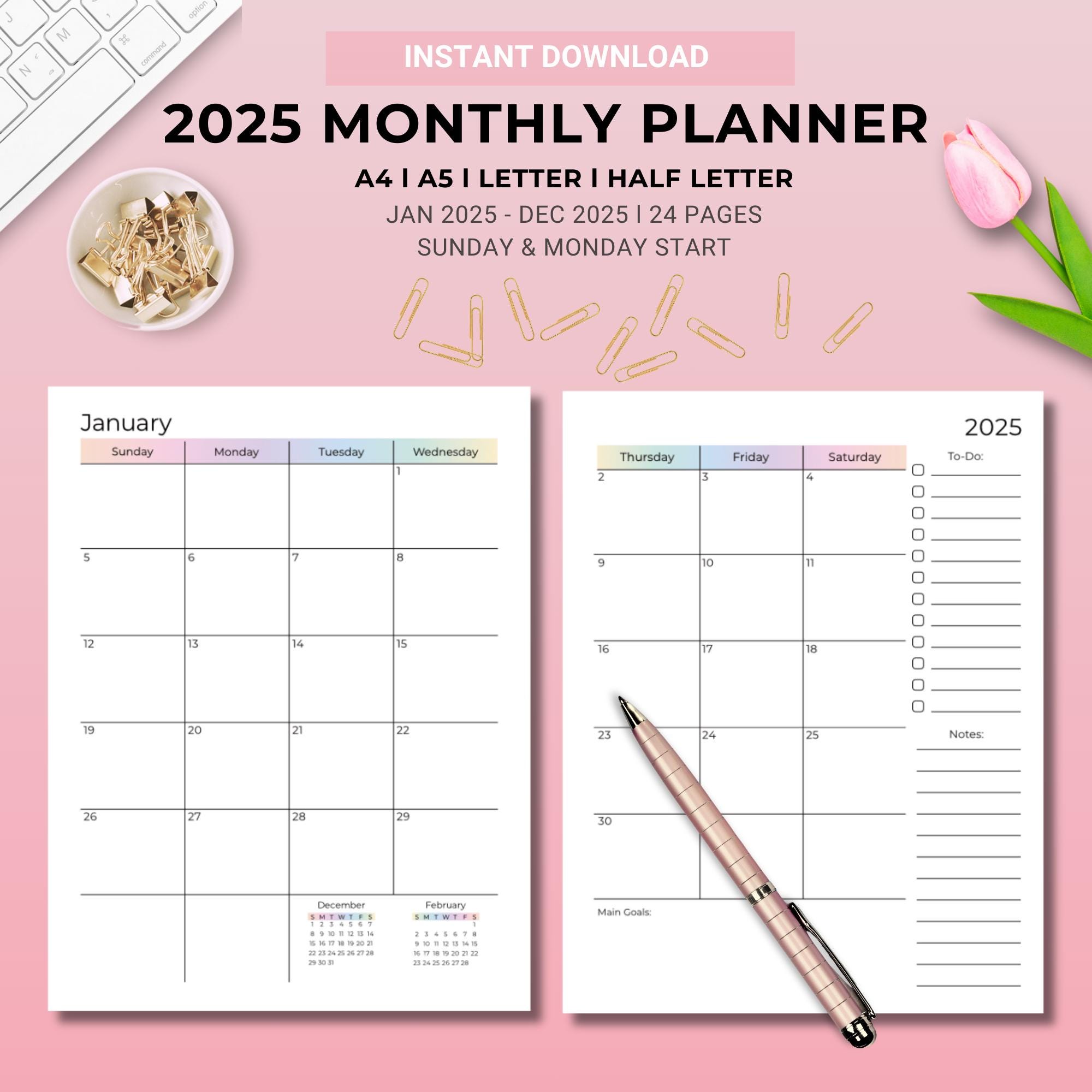 2025 Monthly Planner Printable | 2 Pages per Month L Planner Insert ...