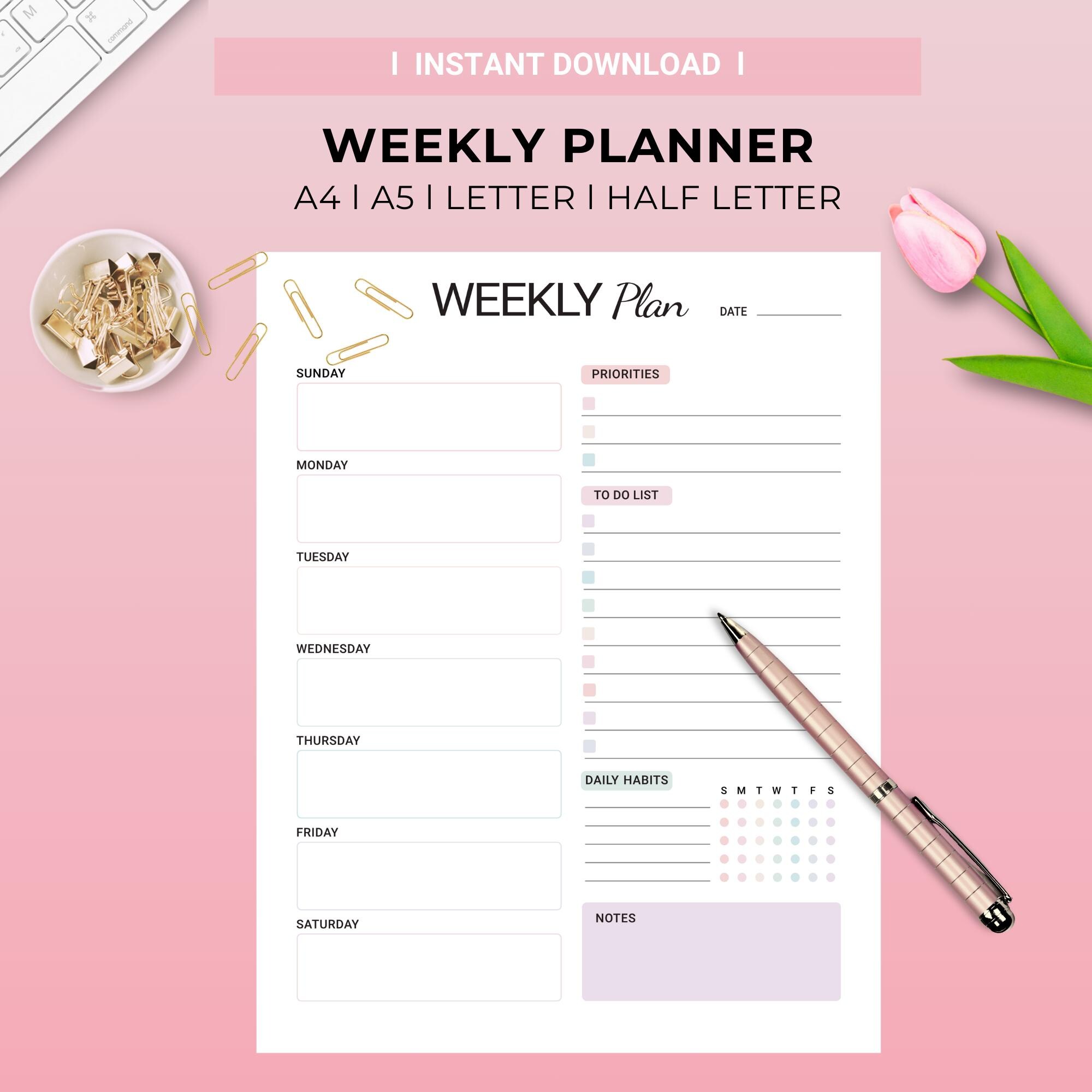 Printable Weekly Planner I Undated Weekly Planner Pages I Pastel Colors ...