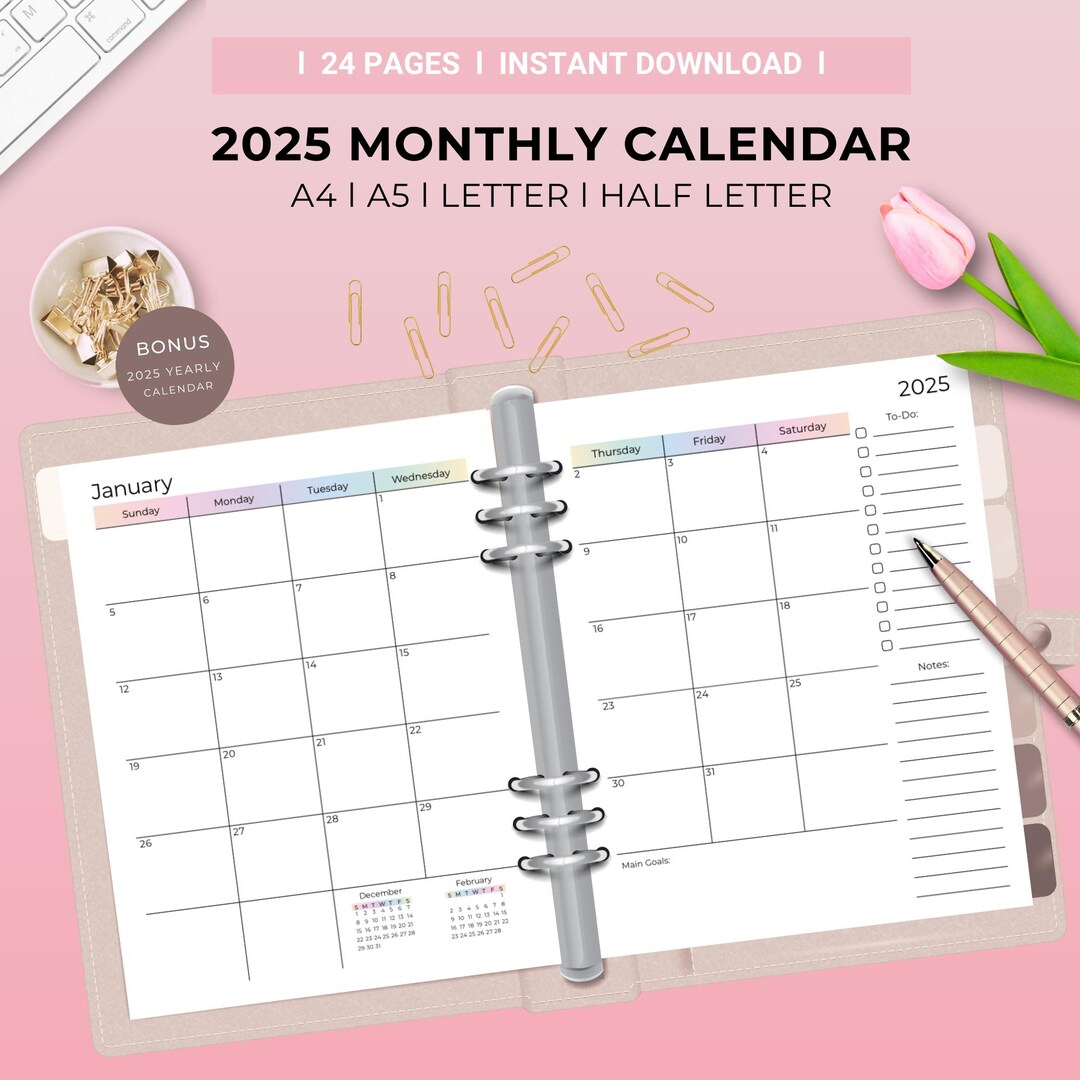 2025 Monthly Planner Printable | 2 Pages per Month L Planner Insert ...