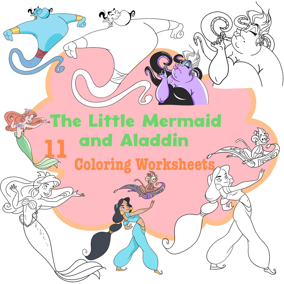 The Little Mermaid and Aladdin Coloring Book: 11 Fun-filled Worksheets ...