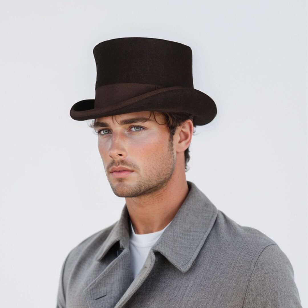 Brown Wool Victorian Top Hat Flat Crown Felt Riding Hat for Weddings ...