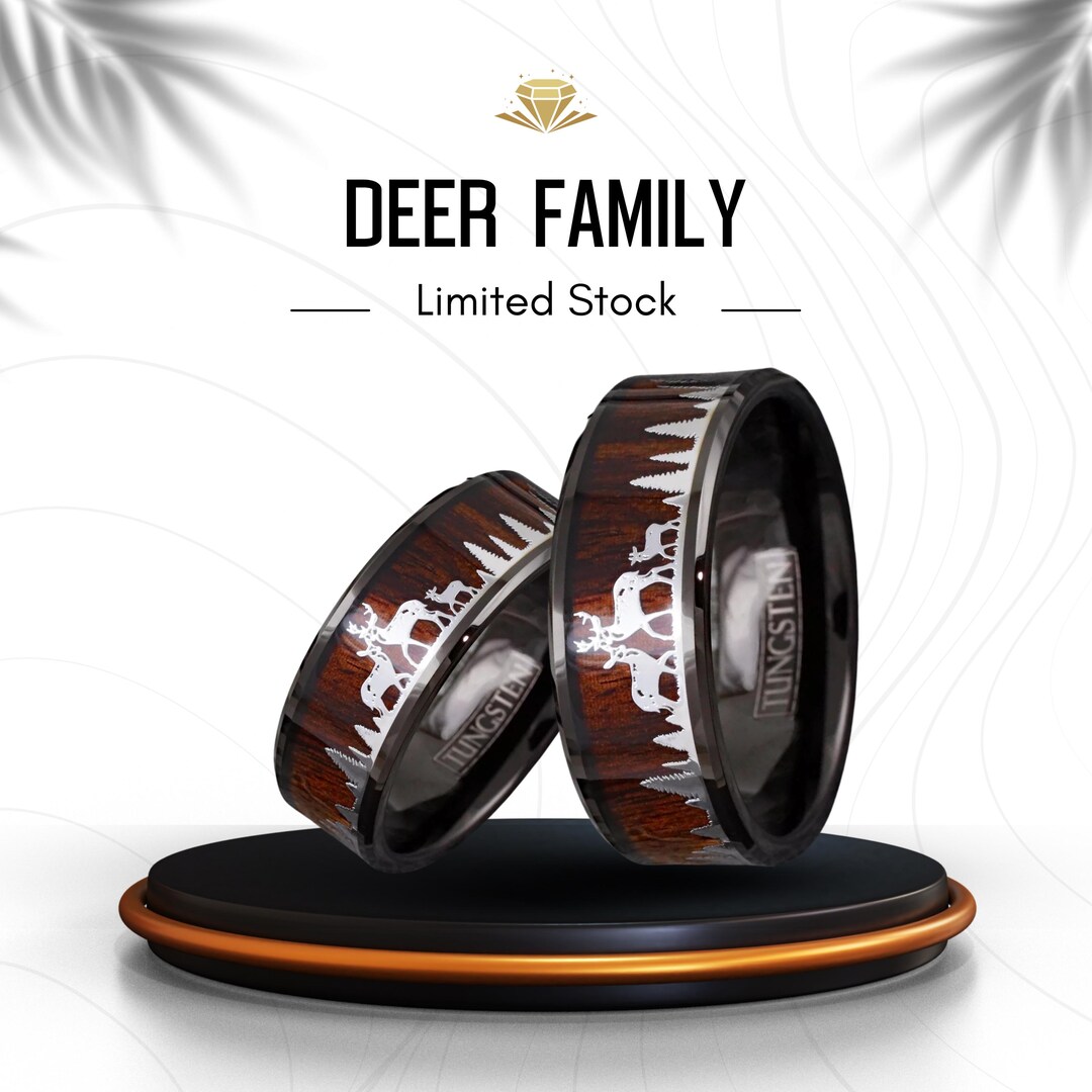 Personalized Family Deer Band Tungsten Ring With Forest Wood Minimal ...