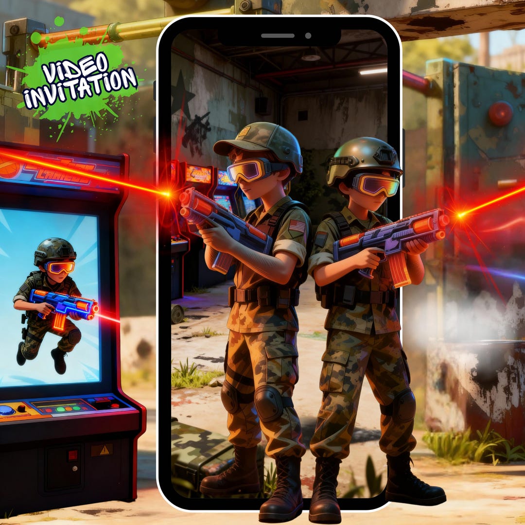 Army Laser Tag Arcade Birthday Video Invitation | Military Gamer Party ...