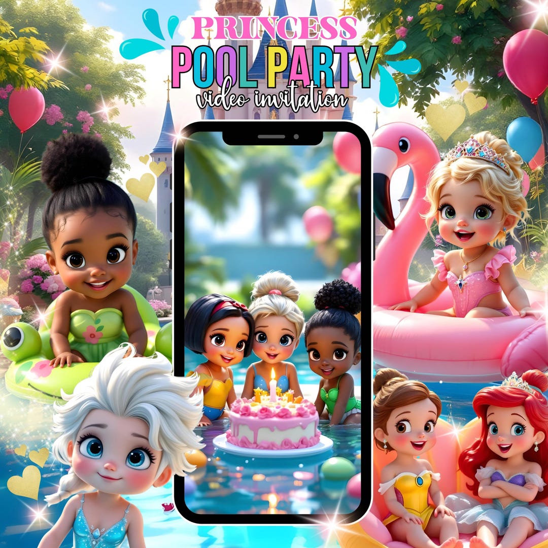 Baby Princess Pool Party Video Invitation: Animated Summer Birthday ...