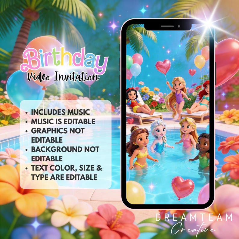 Princess Pool Party Video Invitation: Animated Summer Princesses ...