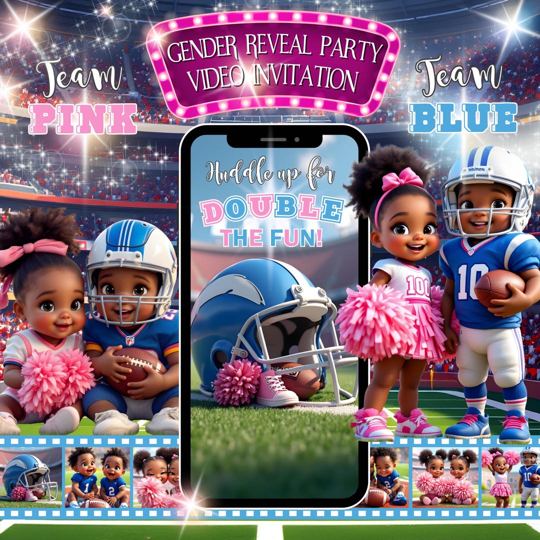 Football Cheer Twins Gender Reveal Video Invitation: African American ...
