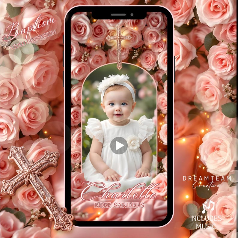 Baptism Video Invitation Blush Pink Rose: Animated Floral Christening ...