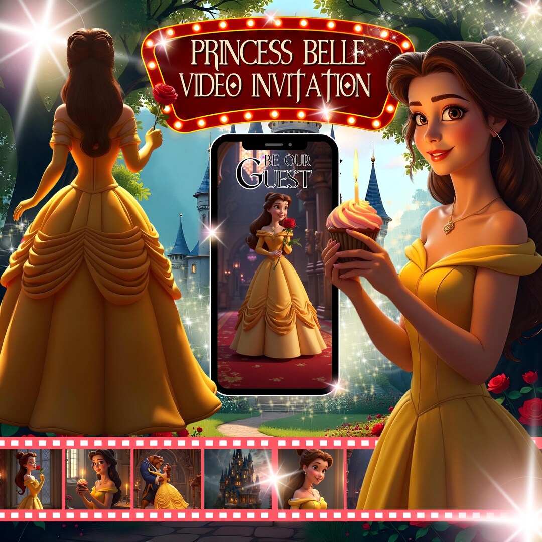 Princess Belle Birthday Video Invitation: Editable Party Evite Template ...