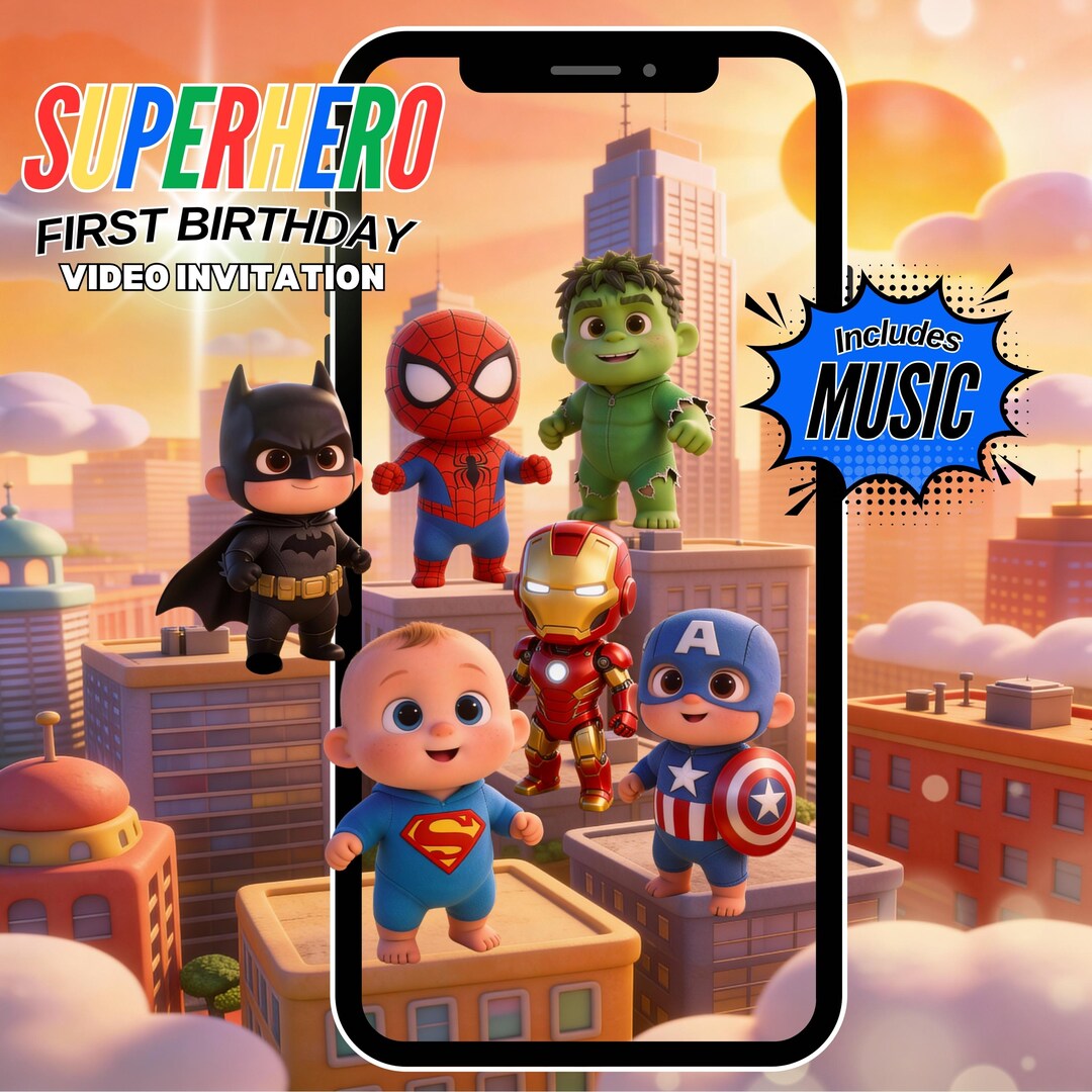 Superhero First Birthday Video Invitation: Animated Super Hero Party ...