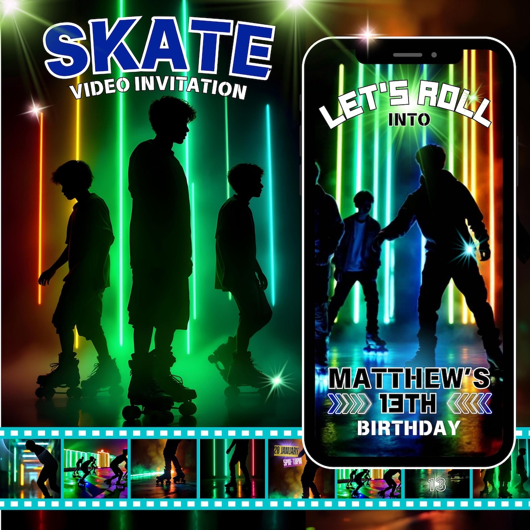 Roller Skate Boy Invitation SKATE VIDEO INVITATION Skating Birthday ...