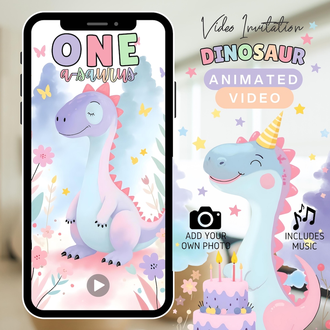 Dinosaur Girl First Birthday Video Invitation: Animated Oneasaurus ...