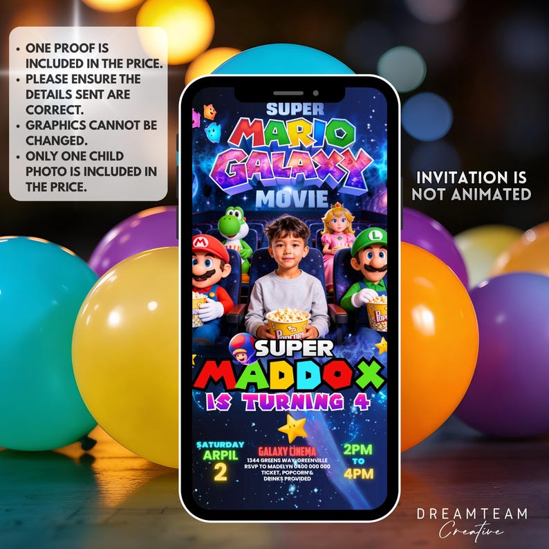 Mario Galaxy Movie Party Birthday Invitation Cinema Photo Phone Evite ...