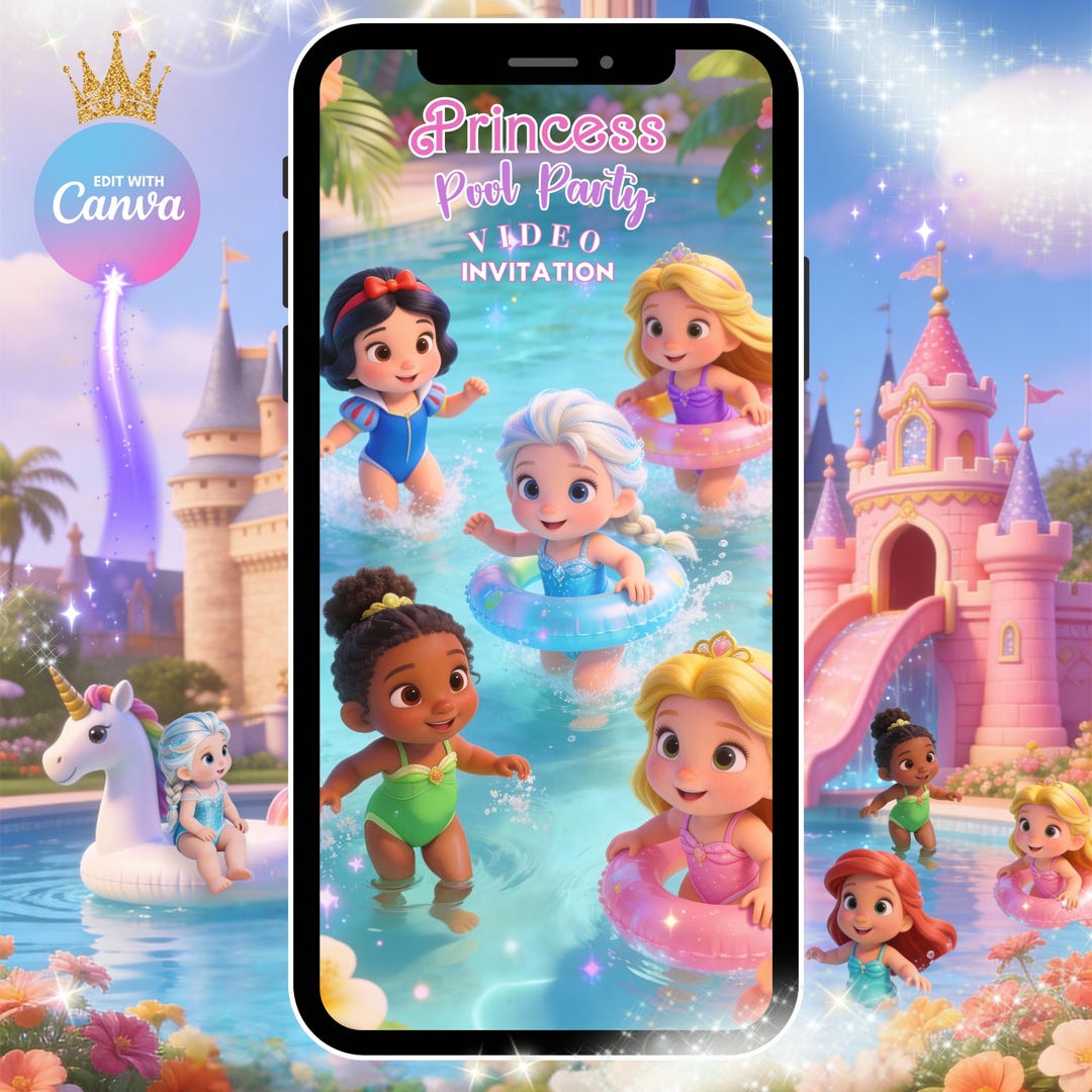 Little Princess Pool Party Video Invitation Animated Baby Princesses ...