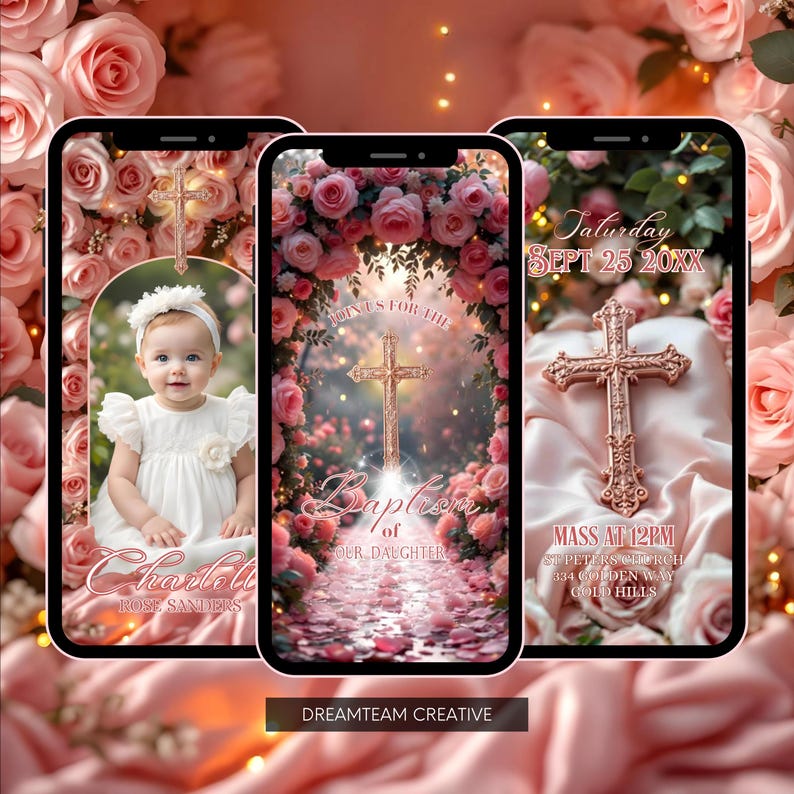 Baptism Video Invitation Blush Pink Rose: Animated Floral Christening ...