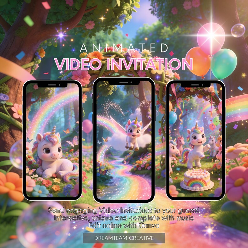 Rainbow Unicorn Birthday Video Invitation: Animated Pony Party Evite ...