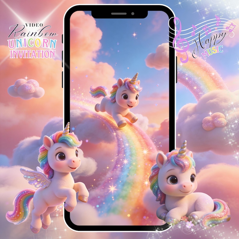 Rainbow Unicorn Party Video Invitation: Pony Birthday Evite (digital ...