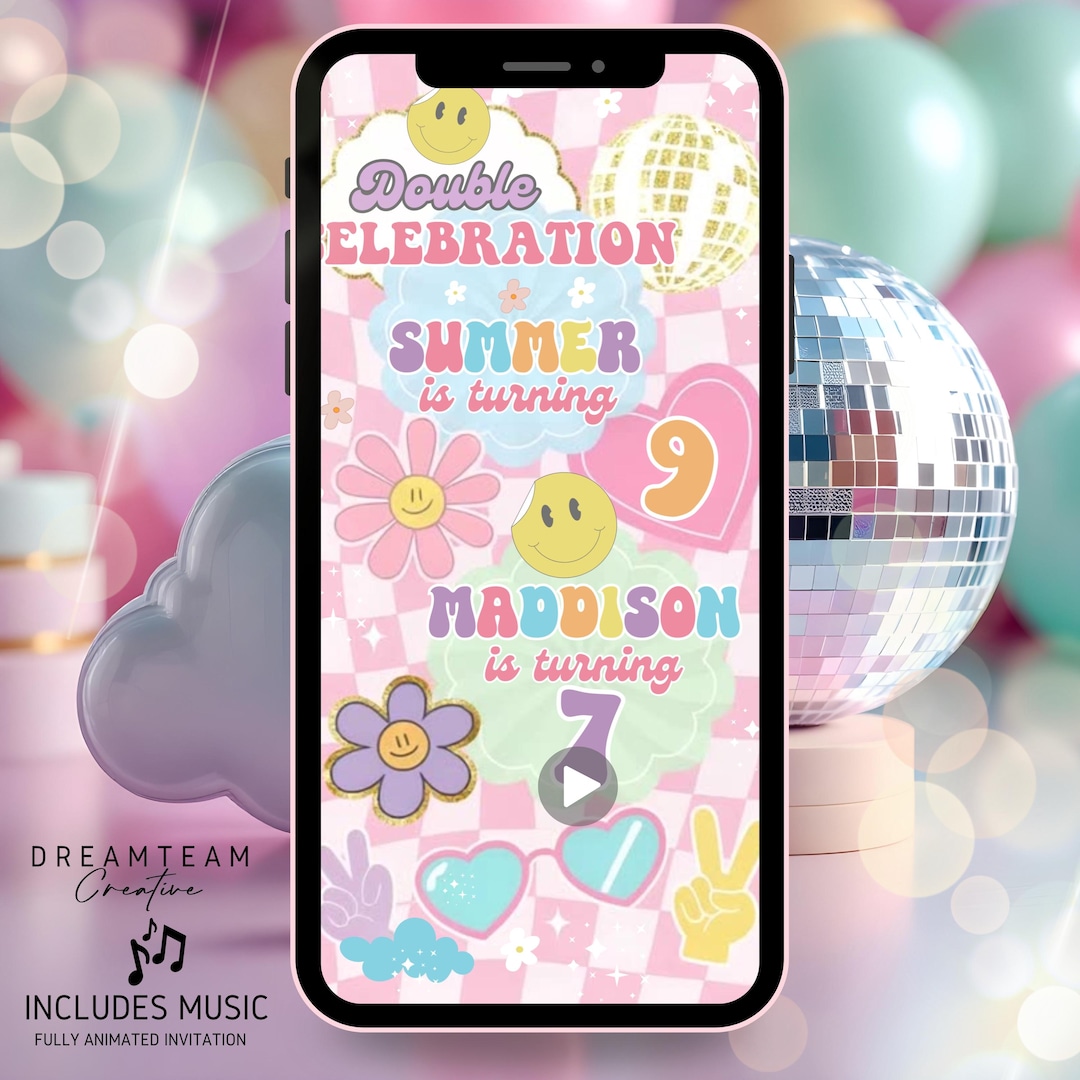 Retro Joint Birthday Video Invitation: Smiley Face, Double Celebration ...
