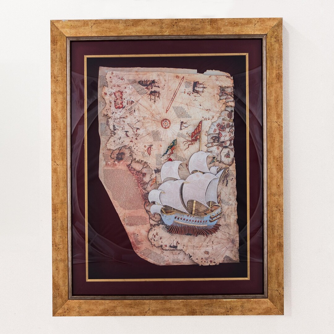 Handmade 3D Piri Reis Map With Galleon 50x70 Luxury Framed Wall Art ...