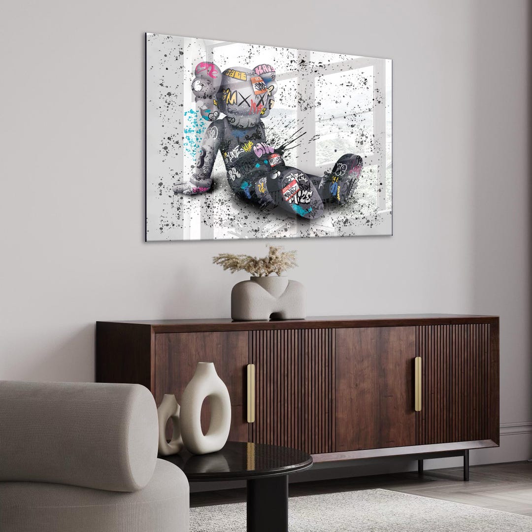 Colorful Bearbrick Graffiti Glass Wall Art | Modern Pop Art Decor ...