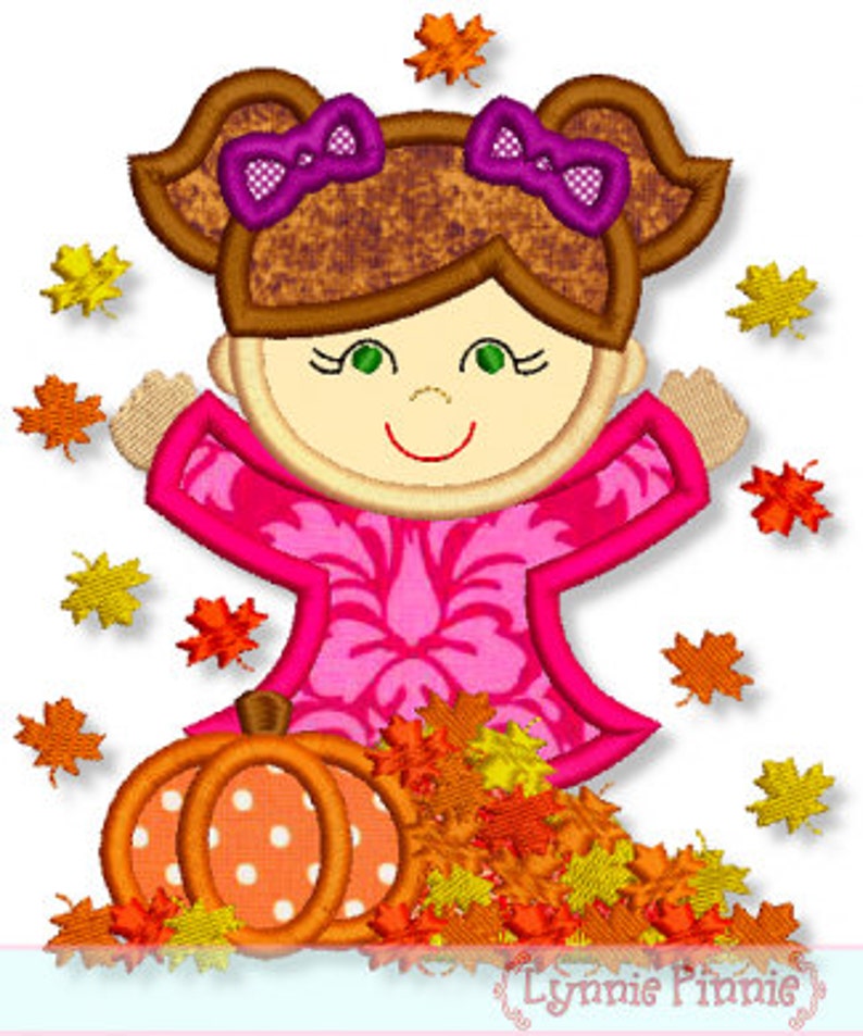 FALL LEAVES Girl Applique 4x4 5x7 6x10 7x11 Machine Embroidery Design ...