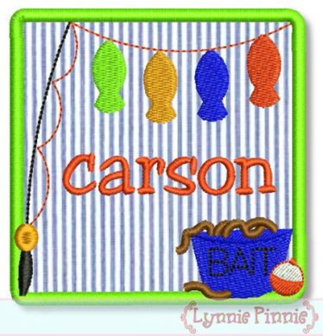 Square FISHING Name Frame Applique 4x4 5x7 6x10 7x11 Fishing Pole Bait Bucket Machine Embroidery ...
