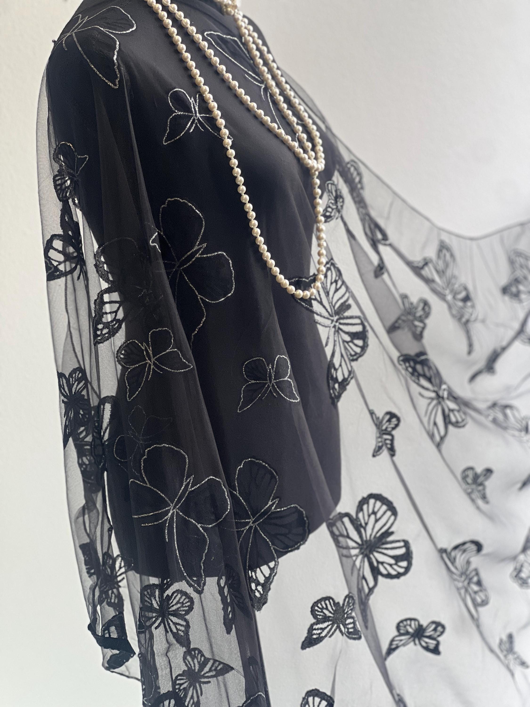 Black Sheer Butterfly Shawl – Embroidered Mesh Cape Wrap | Elegant ...