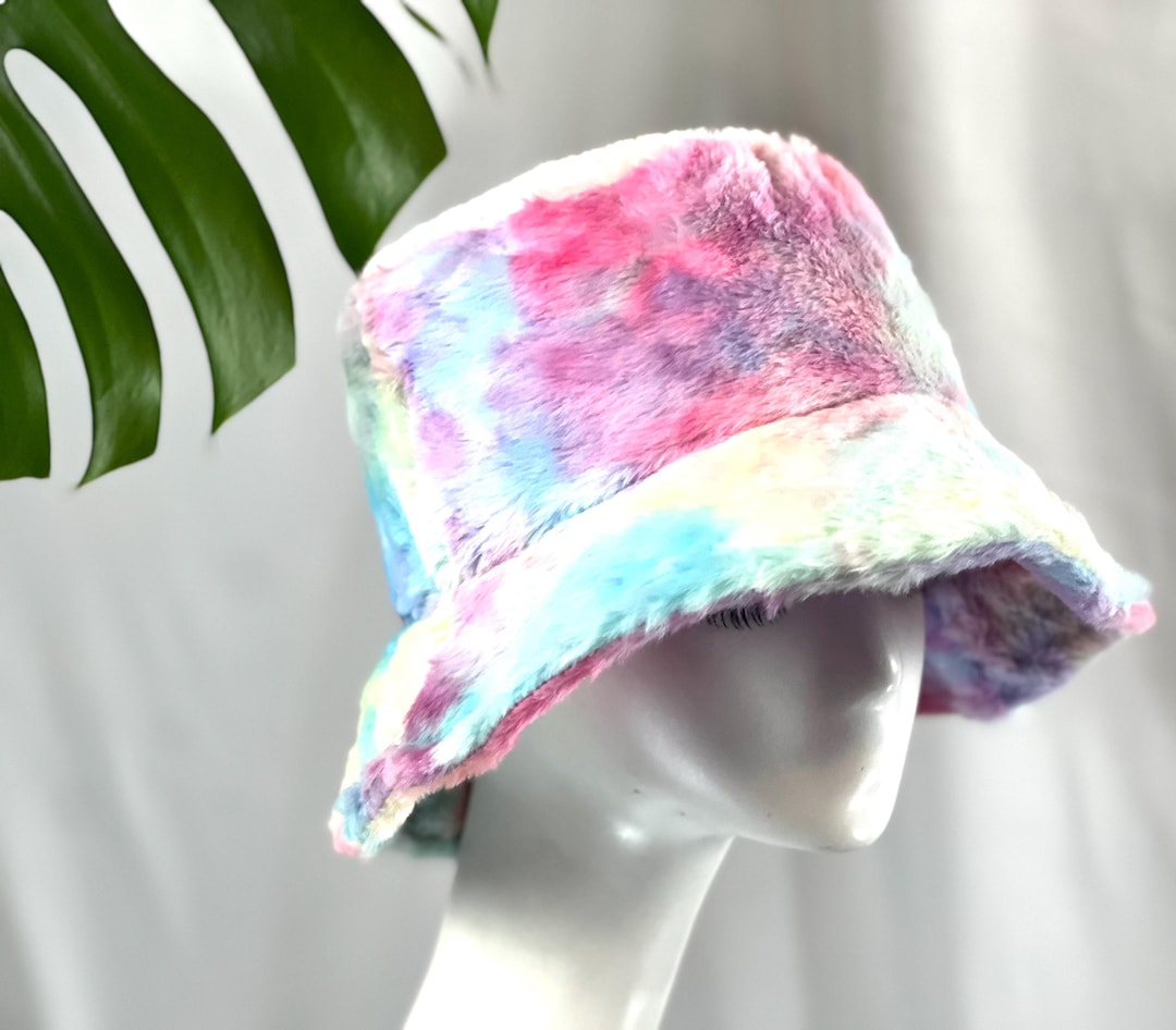 Colorful Rainbow Winter Faux Fur Furry Bucket Hat Fluffy Fuzzy Warm Hat ...