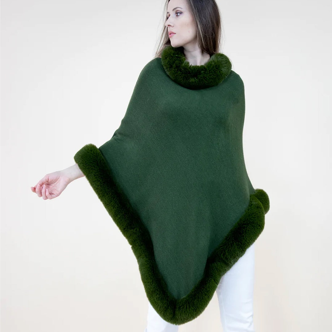 Olive Green Faux Fur PONCHO Bling Sequin Decor Shimmering Poncho ...