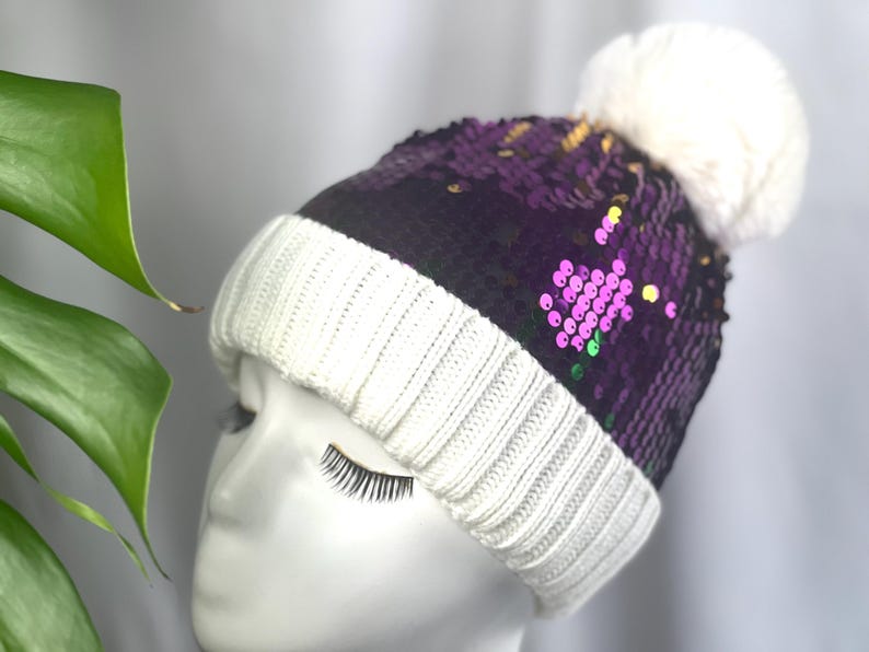 Purple Pom Pom Sequin Thick Warm Hat – Cozy, Sparkling Winter Essential ...