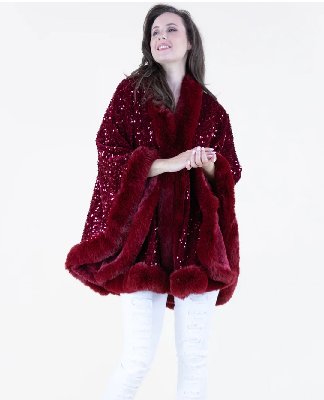 Sparkle Sequin Burgundy Cape Elegant Sequined Metallic Faux Fur Trim ...