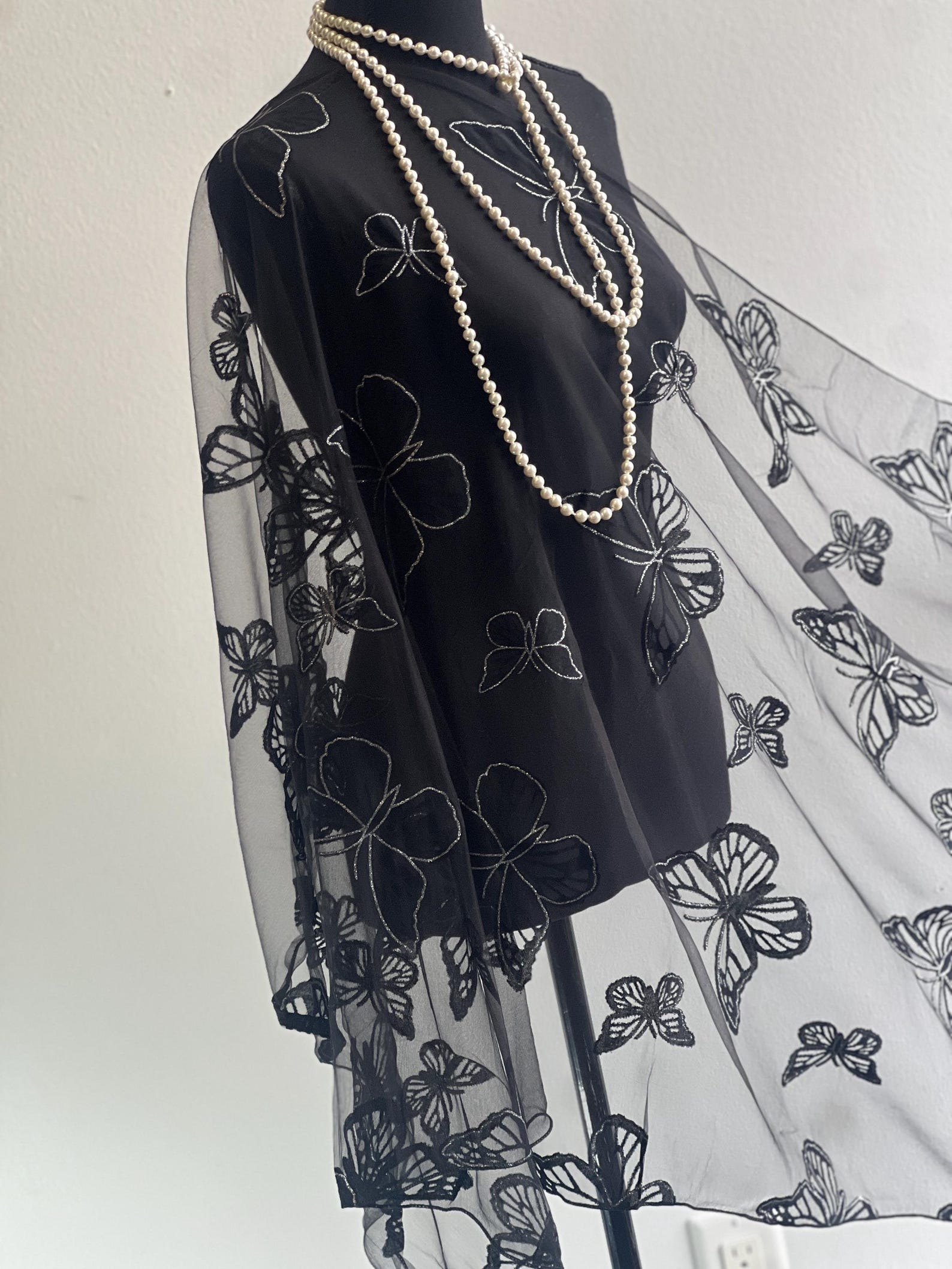 Black Sheer Butterfly Shawl – Embroidered Mesh Cape Wrap | Elegant ...