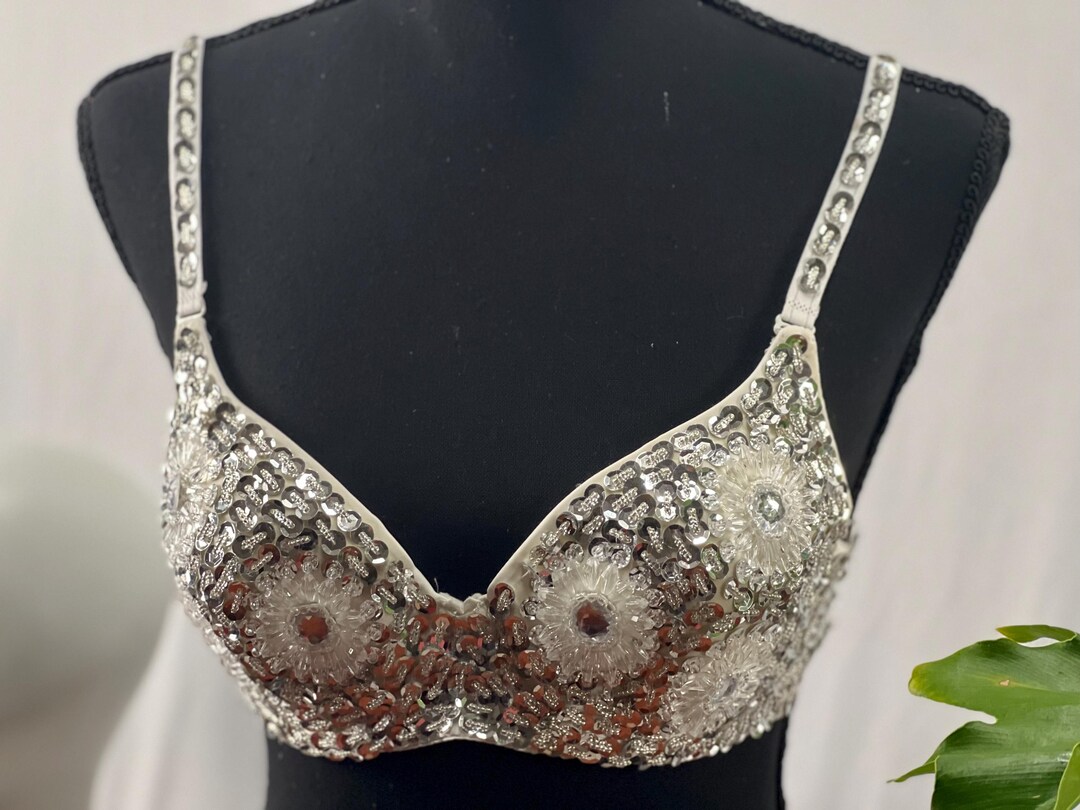 Handmade Sequin Belly Dance Bra: Floral Bead Performance Top (32A/32B ...