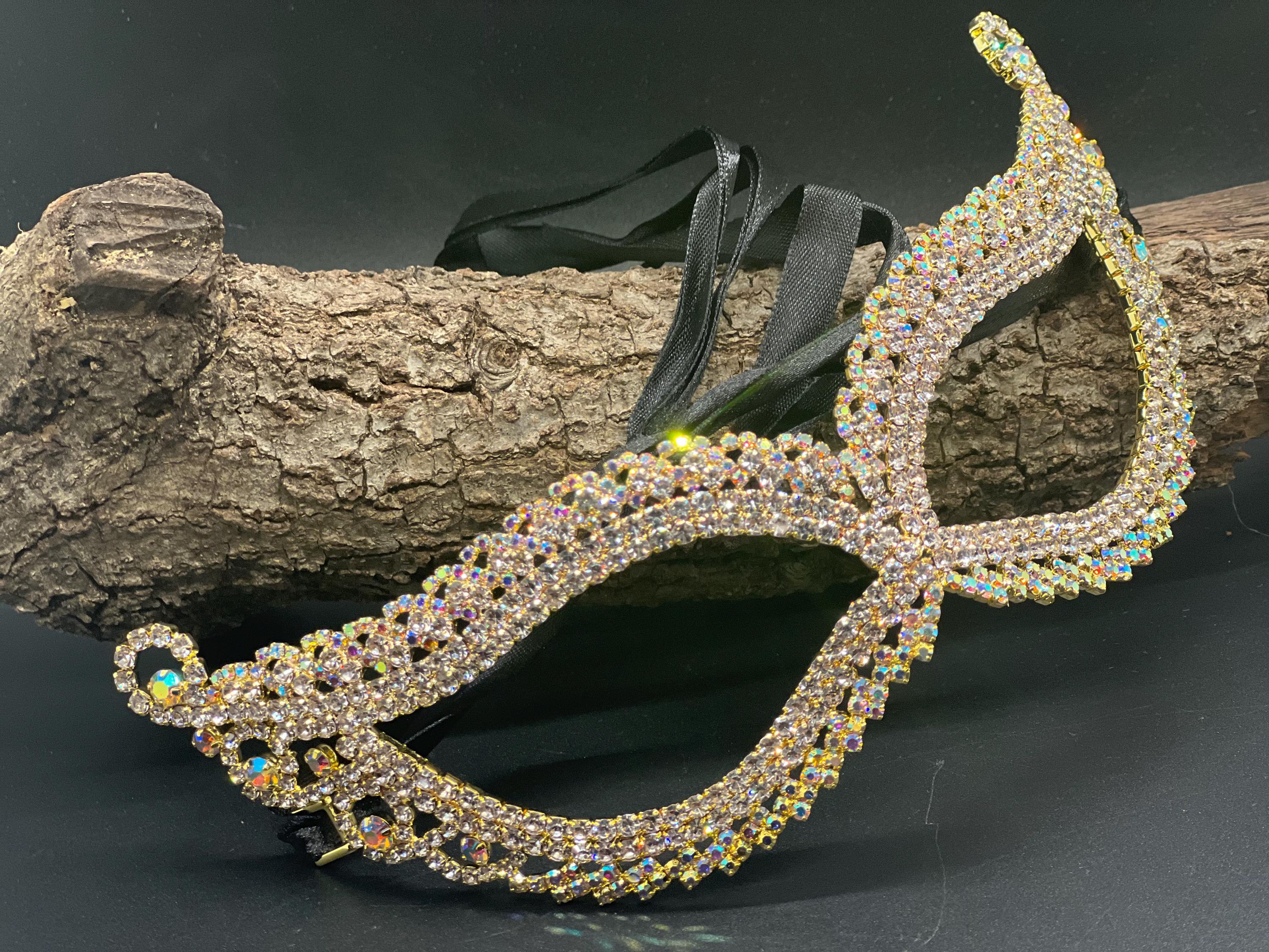 Gold Crystal Masquerade Mask – Sparkling Bling Eye Mask With Ribbon Tie ...