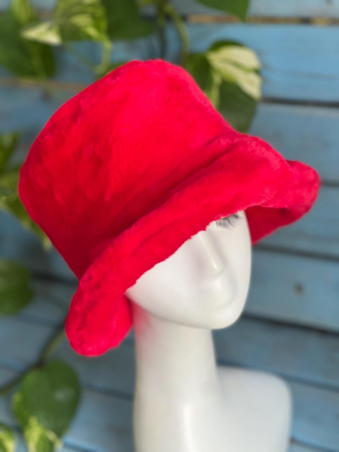 Red Winter Faux Fur Furry Bucket Hat Fluffy Fuzzy Warm Hat Plush ...