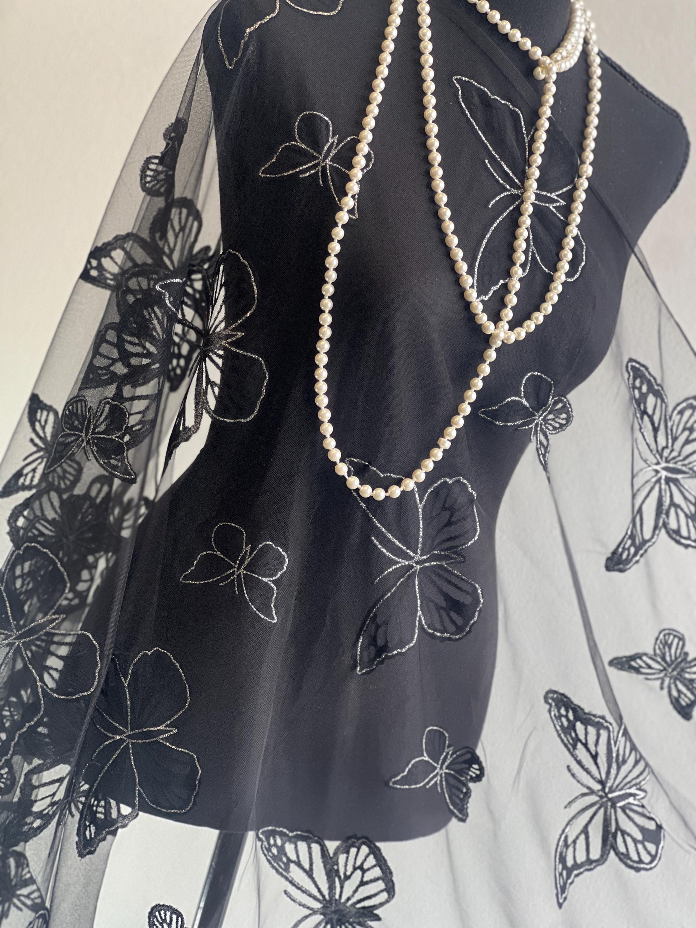 Black Sheer Butterfly Shawl – Embroidered Mesh Cape Wrap | Elegant ...