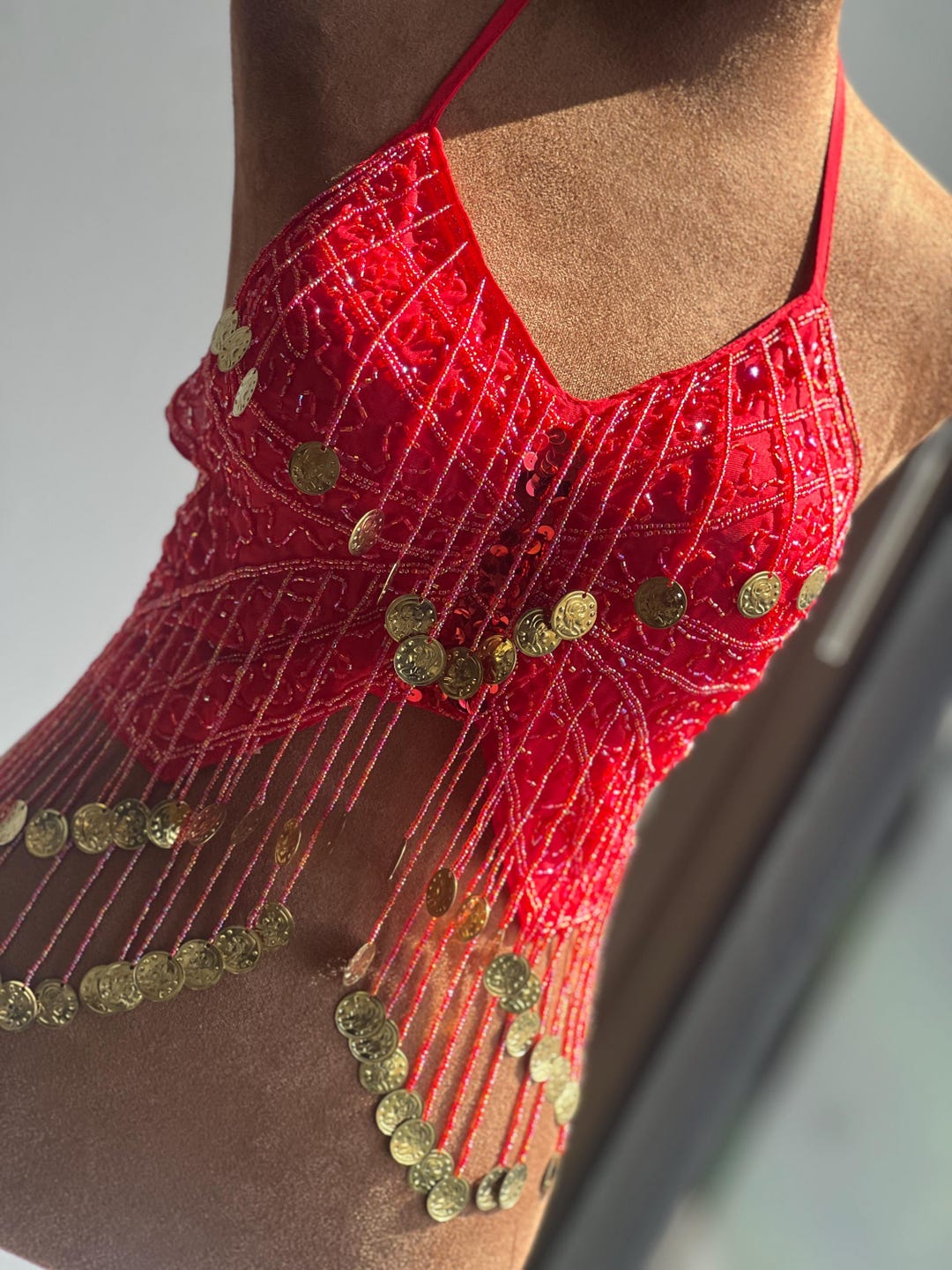 Red Beaded Coin Halter Top – Belly Dance Costume, Festival ...