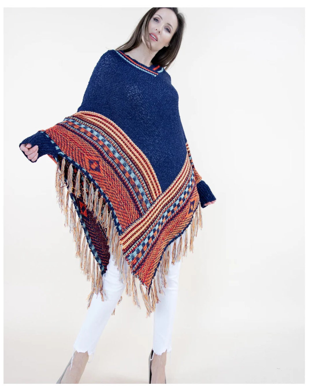 Navy Blue Sleeved Native Poncho With Fringe – Bohemian Flair Meets Cozy ...