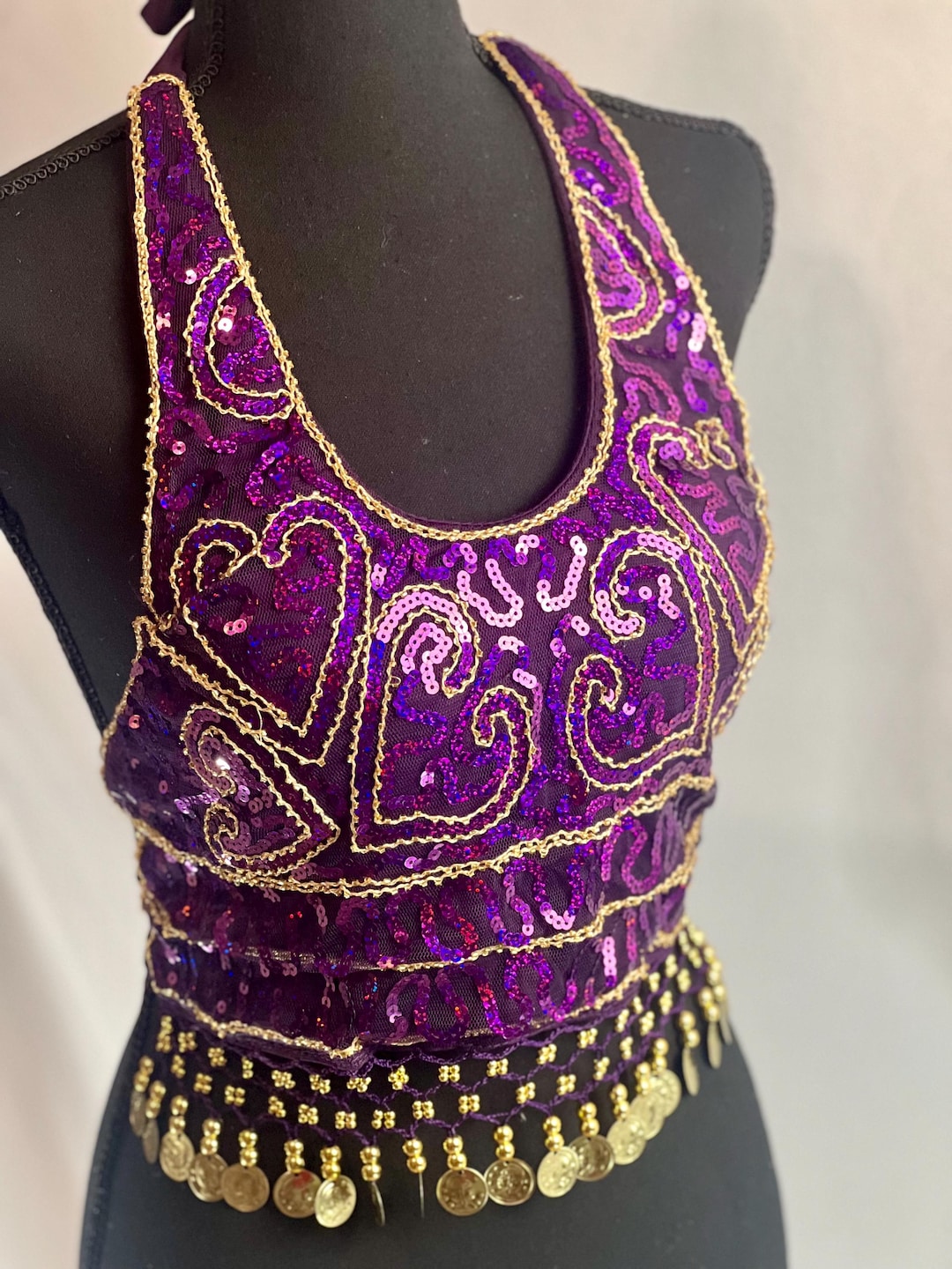 Purple Sequined Belly Dance Halter Top With Gold Coin Fringe ...