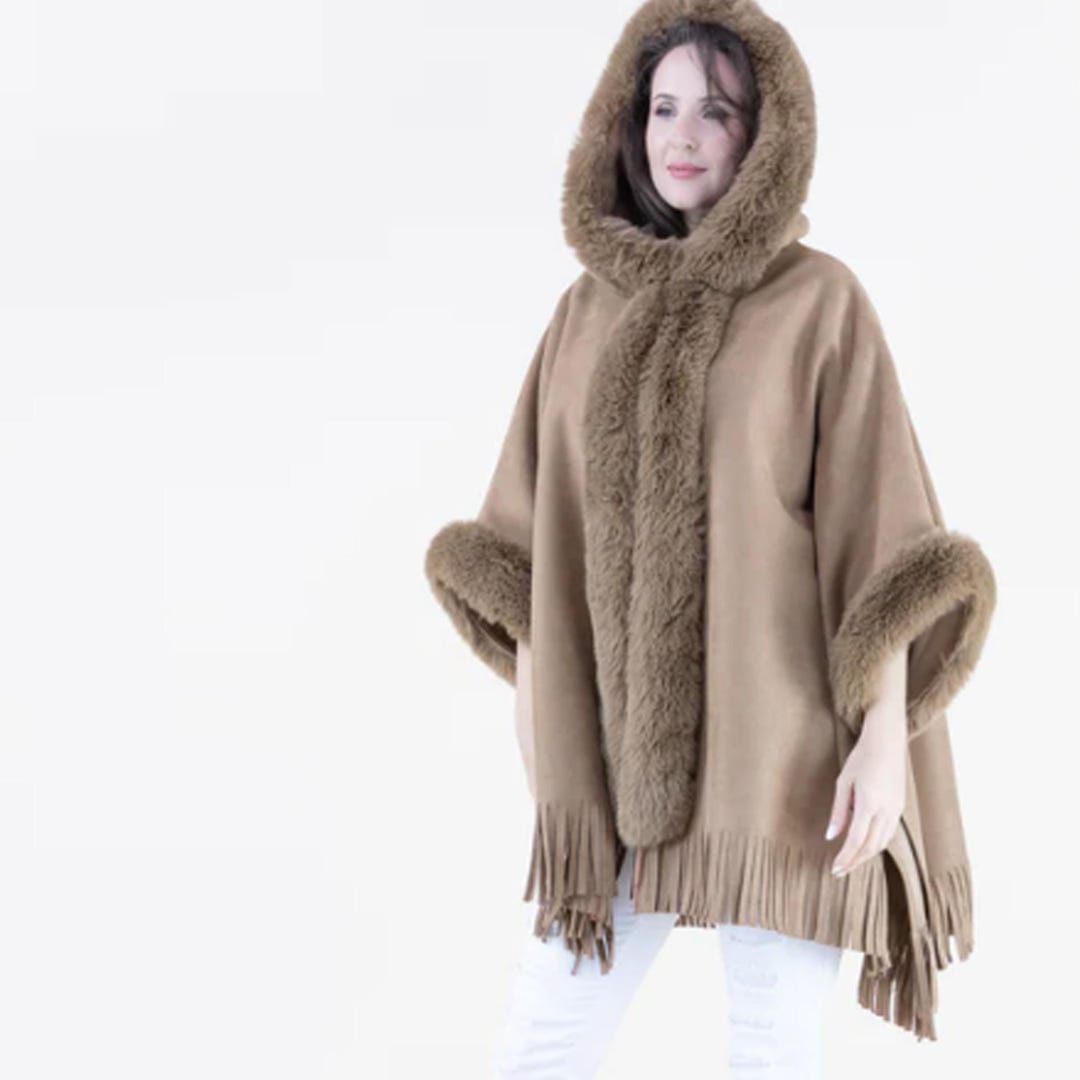 CAMEL Fur Trim Cape With Fringe and Hoodie – Elegant Relaxed Fit Winter ...