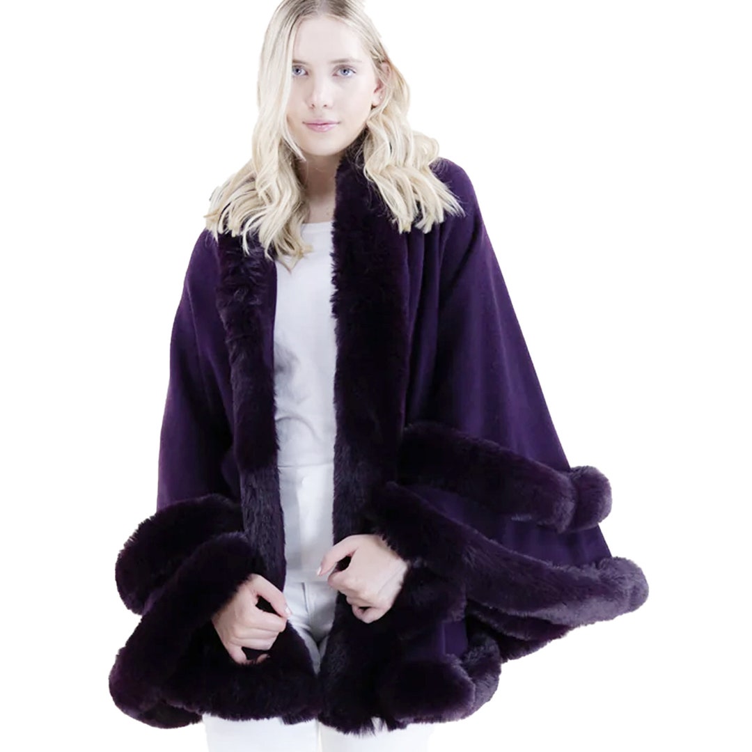 Eggplants Purple Plum Faux Fur Cape Hoodie Black Faux Fur Cape Kozy ...