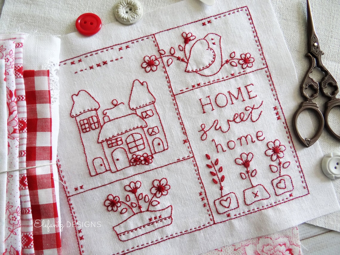 Home Sweet Home - Redwork Hand Embroidery Pattern - Digital Download - Etsy