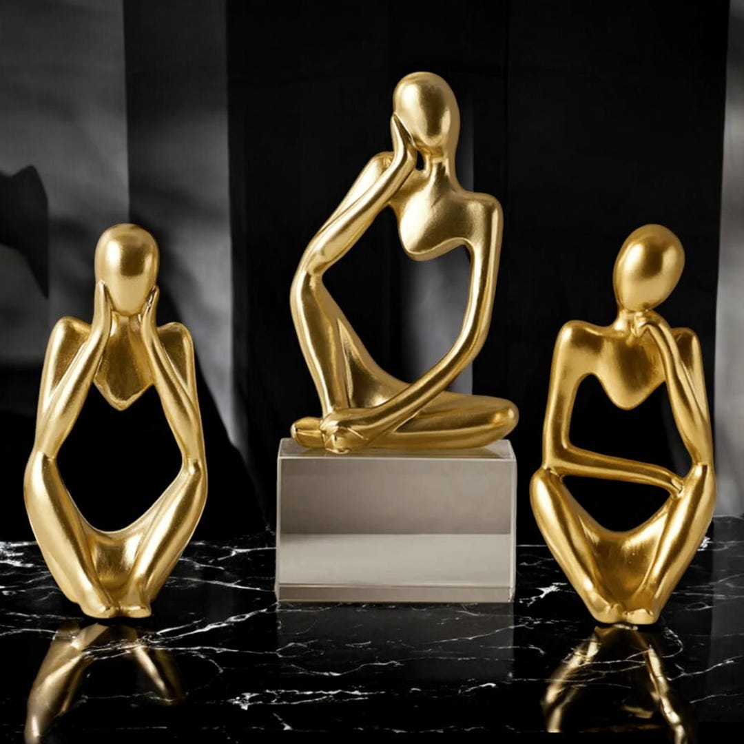 Abstract Thinker Statue Golden Set of 3 Modern Minimalist Resin ...