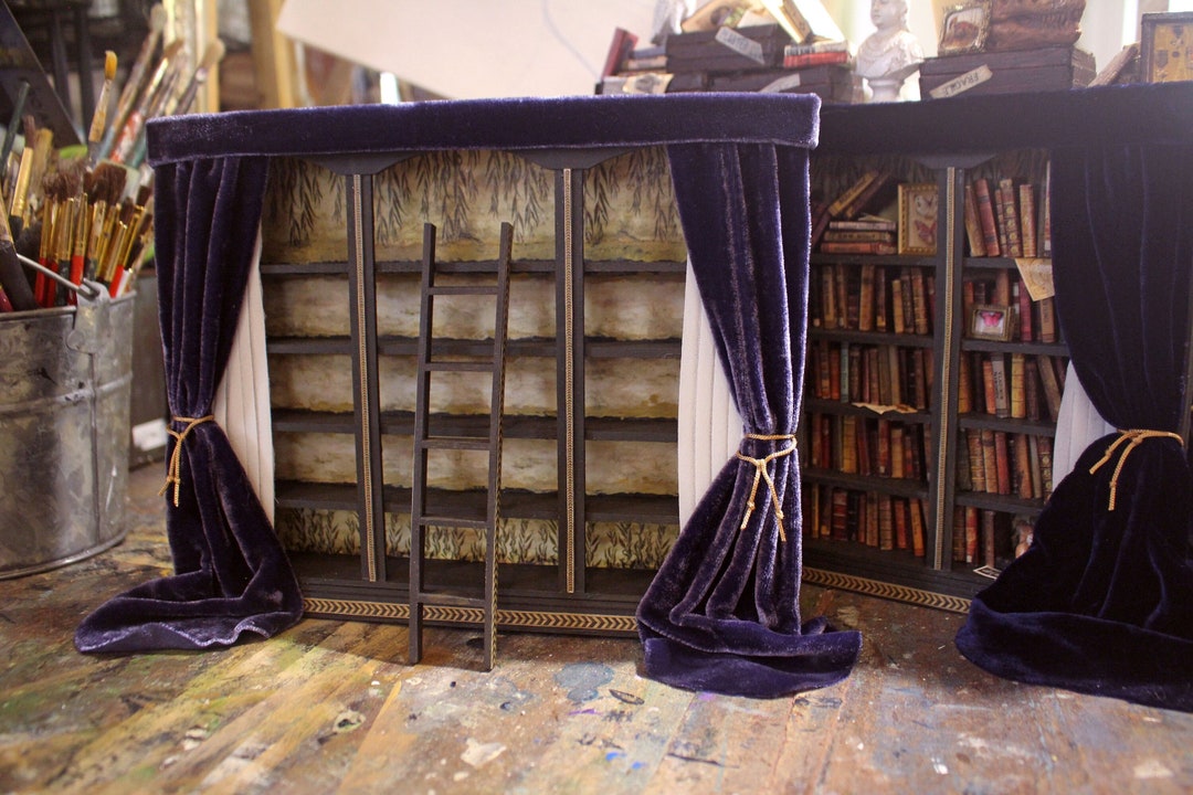 Miniature Library of Forgotten Books Bookshelf & Ladder - 1:12 Bookcase ...