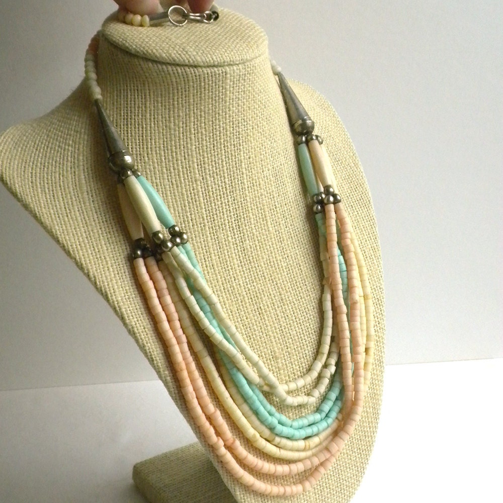 Carved Bone Multi Strand Necklace Vintage Pastel Bone Heishi Necklace ...