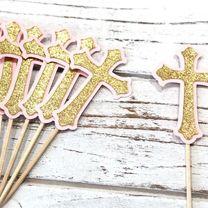 Pink/gold Glitter Cross Cupcake Toppers - Set of 12 - Baptism ...
