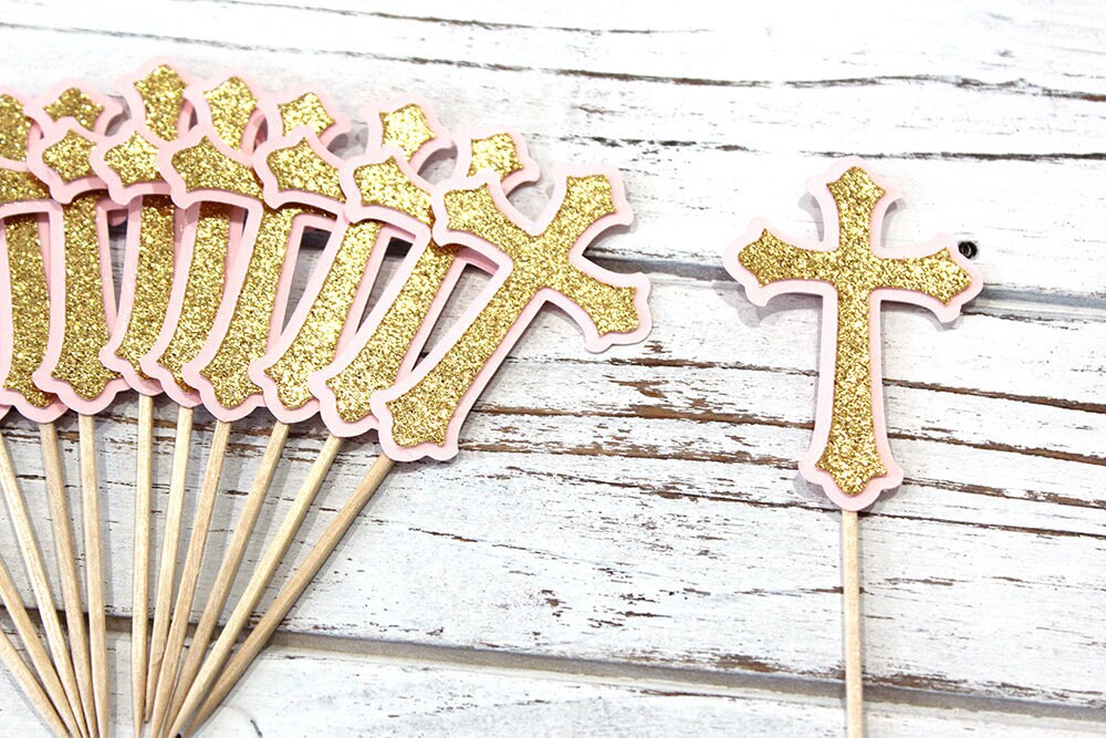 Pink/gold Glitter Cross Cupcake Toppers Set of 12 Baptism | Etsy