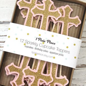 Pink/gold Glitter Cross Cupcake Toppers - Set of 12 - Baptism ...